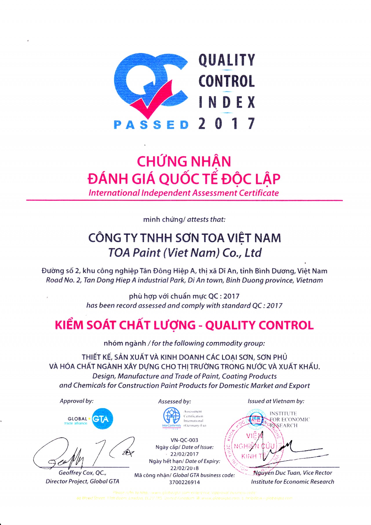 Certificates and Awards TOA Paint Viet Nam